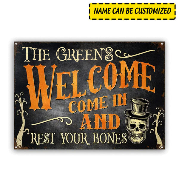 Halloween Metal Signs Personalized Halloween Skeleton Welcome Come In ...