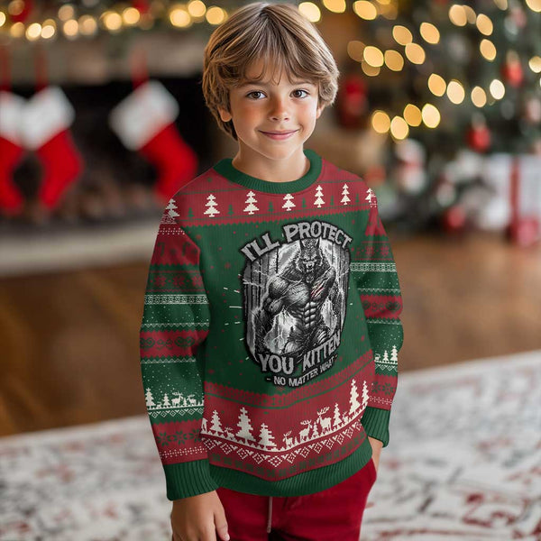 Funny Alpha Wolf Meme Ugly Christmas Sweater I'll Protect You Kitten ...