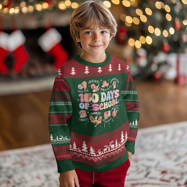 100th Day Of School Cute Capybara Ugly Christmas Sweater Motor Skills ...